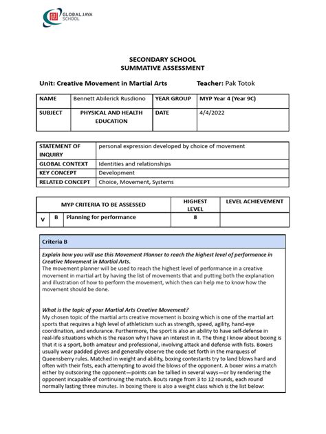 Abis Year 9 Sa Phe Martial Arts Creative Movement Criteria B Pdf