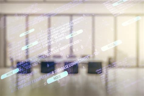 현대적인 가구가 비치된 사무실 내부 배경 인공 지능 및 신경망 개념에 대한 추상 프로그래밍 언어 홀로그램 및 세계 지도 다중