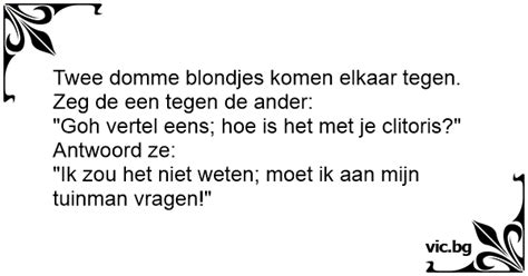 Twee Domme Blondjes Komen Elkaar Tegen Zeg De Een Tegen De Ander Goh Vertel Eens Hoe Is Het