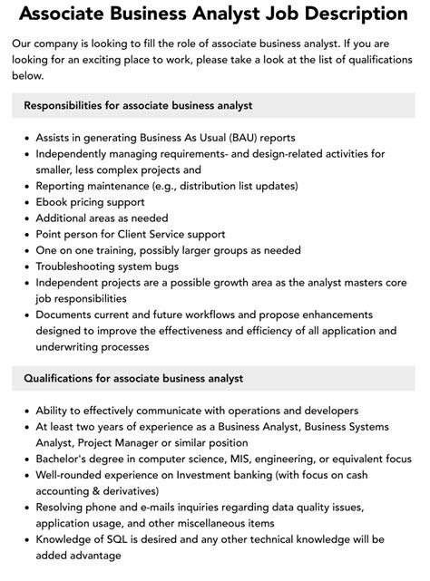 Associate Business Analyst Job Description Velvet Jobs