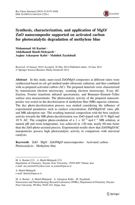 Pdf Synthesis Characterization And Application Of Mgozno Nanocomposite Supported On