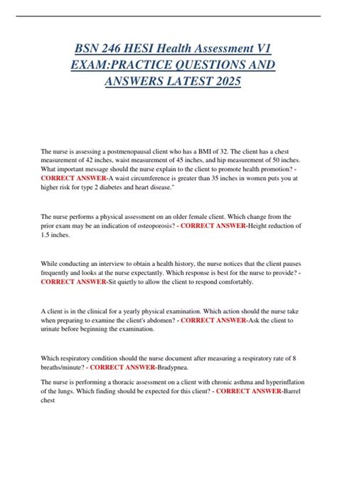 Bsn 246 Hesi Health Assessment V1 Exampractice Questions And Answers