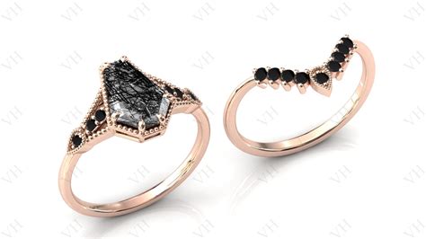 Coffin Shaped Black Rutilated Engagement Ring Set 925 Silver Etsy