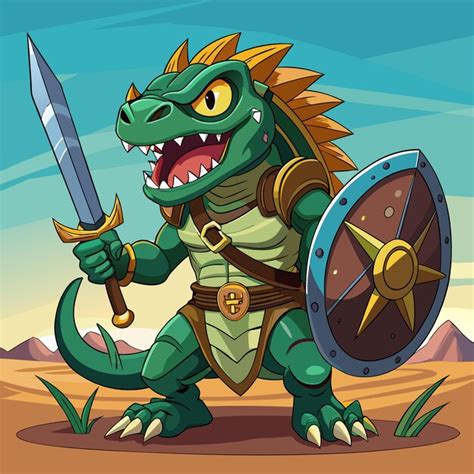 A Cartoon Image Of A Dragon Holding A Sword And Shield Premium Ai