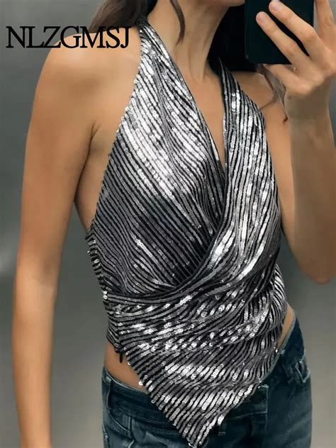 TRAF Top De Lentejuelas Con Espalda Descubierta Para Mujer Halter Top
