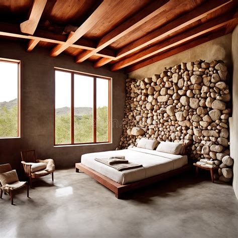 Generative Ai Raw Concrete And Cobblestone Style Bedroom Stock