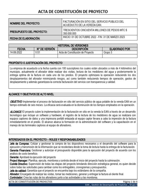 Acta De Constitución De Proyecto Grupo 3 Pdf Software Ingeniería De Software