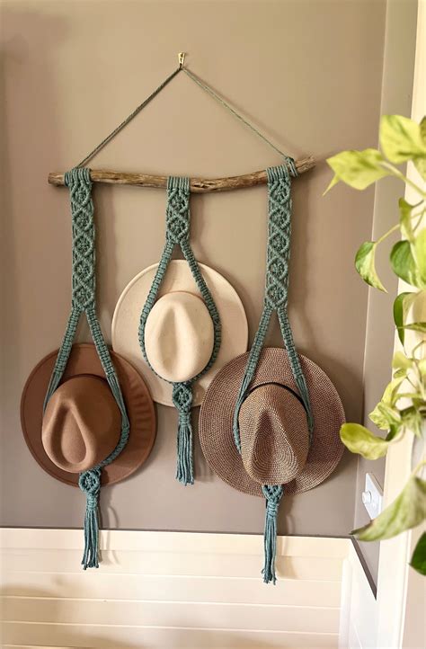 Macrame Hat Hangers On Driftwood Macrame Macrame Hat Wall Hanging