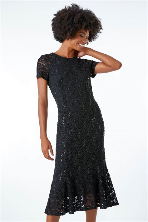 Leaf Lace Sequin Midi Dress In Black Roman Originals Uk
