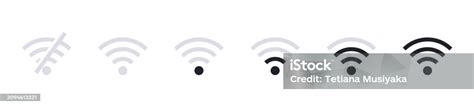Wifi 아이콘 세트 기호입니다 무선 Wifi 연결과 관련된 기호 및 아이콘을 묘사하는 스톡 벡터 이미지 모음입니다 원격 인터넷