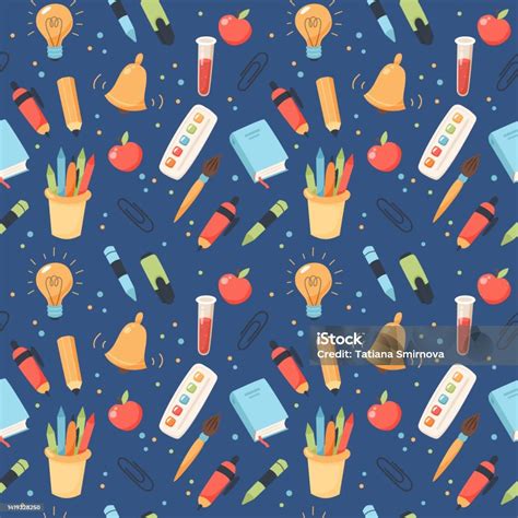 학교 원활한 패턴 학습을위한 소모품 및 장비 플랫 만화 스타일의 귀여운 벡터 일러스트 레이 션 교육에 대한 스톡 벡터 아트 및 기타 이미지 Istock