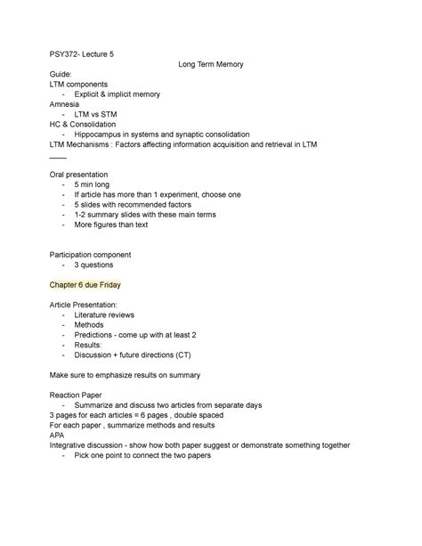 Psy372 Lectures 5 And 6 Psy372 Lecture 5 Long Term Memory Guide Ltm