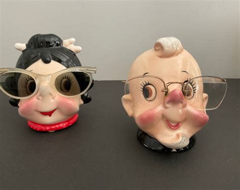 Vintage Japan Ceramic Eye Glass Holders Man And Lady Eyeglass Holder