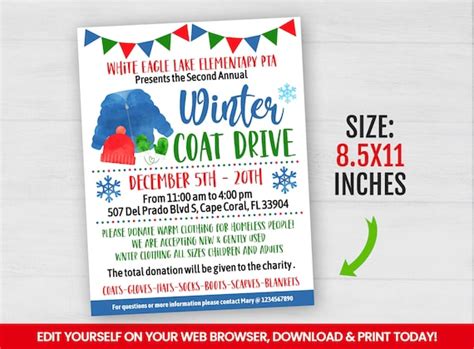EDITABLE Winter Coat Drive Flyer Template Fundraiser School Poster