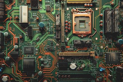 Computer Motherboard With Complex Circuits And Microchips Focused On Technology Premium Ai