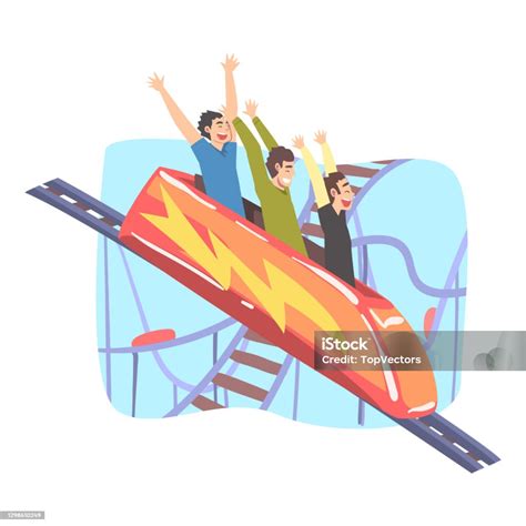롤러 코스터에서 재미를 사람들 놀이 공원에서 작은 빠른 오픈 자동차를 타고 웃는 소년 사이드 뷰 만화 스타일 벡터 일러스트 롤러코스터에 대한 스톡 벡터 아트 및 기타 이미지