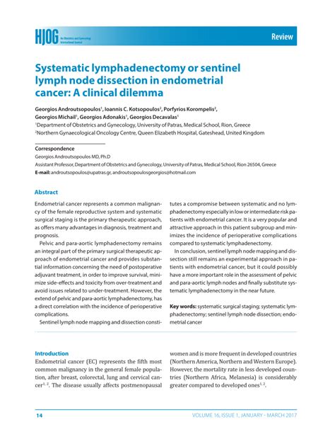 PDF Systematic Lymphadenectomy Or Sentinel Lymph Node Dissection In Endometrial Cancer A