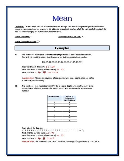 Statistics Calculate The Mean Multiple Representations Notes And Assignment