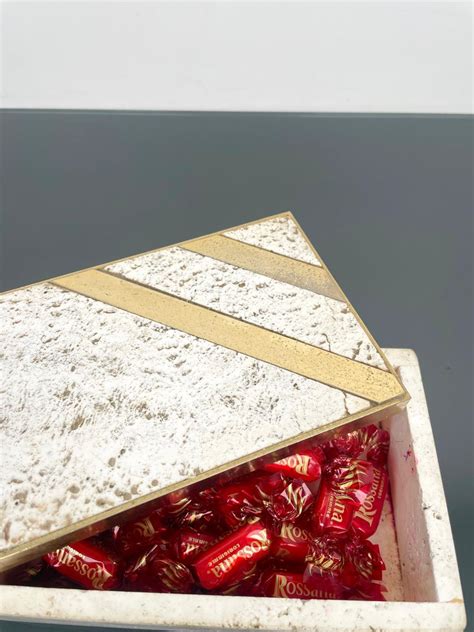 Midcentury Travertine And Brass Rectangular Box Italy 1970s For Sale