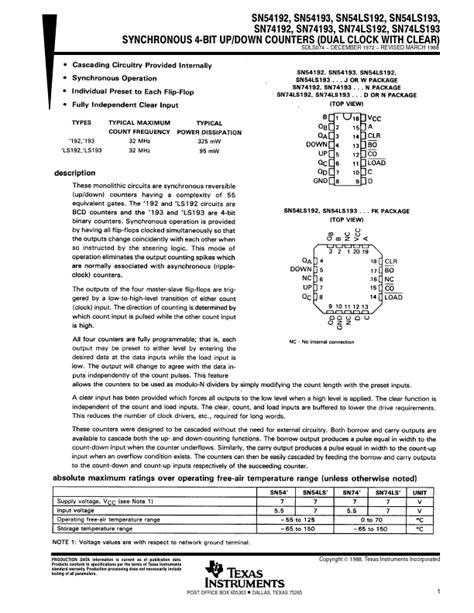 74ls193 Datasheet Synchronous 4 Bit Updown Counter Texas Instruments
