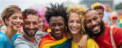 Group Of Friends With Diverse Sexual Orientations Smiling And Hugging At A Pride Event Premium