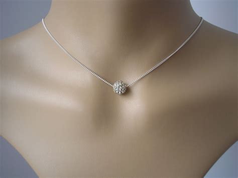 Silver Disco Ball Necklace On Fine Curb Chain Minimalist Pave Crystal