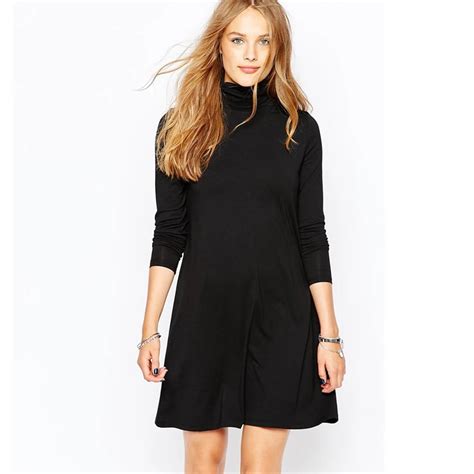 New Casual Autumn Women Turtleneck Long Sleeve Mini Dress Black Plus