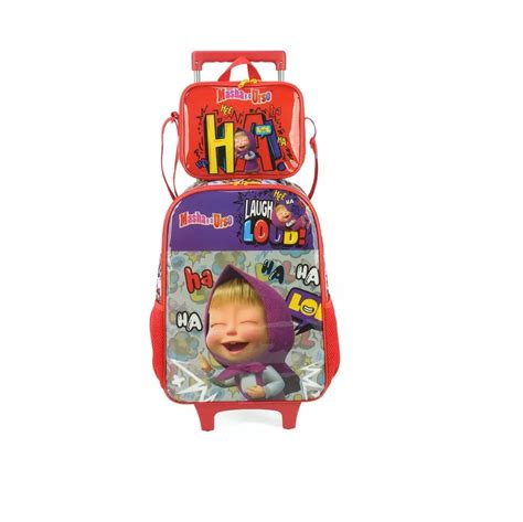 Mochila Carrinho Luxcel Masha E Urso Lancheira Vermelha Papelaria