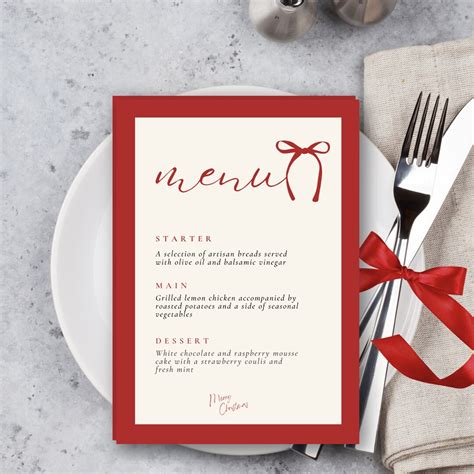 Girly Menu Template Menu Template In Canva Bow Menu Dinner Party Menu Red Bow Menu Editable