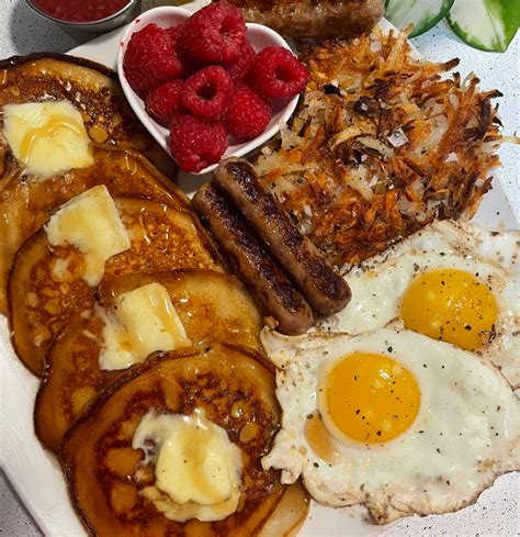 Buttermilk Pancakes Sausage Hash Browns Eggs And Raspberries R