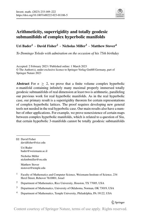 Arithmeticity Superrigidity And Totally Geodesic Submanifolds Of
