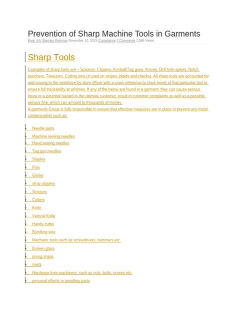 Prevention Of Sharp Machine Tools In Garments Pdf Sewing Needle