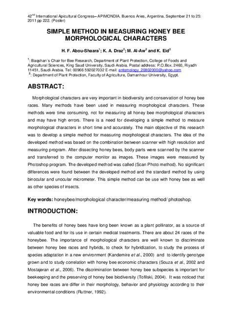 Pdf Simple Method In Measuring Honey Bee Morphological Characters
