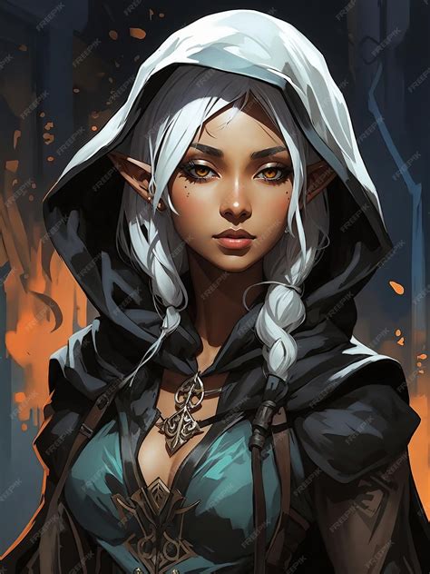 Premium Ai Image Female Drow Elf With Black Skin And White Hair Dark