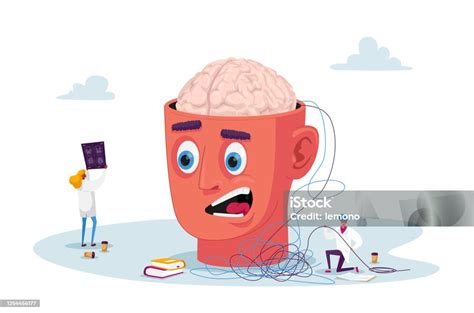정신 건강 클리닉에서 심리 치료사 세션 작은 의사 캐릭터 는 혼란스러운 환자 생각을 해명하고 정신과 의사 약속에서 Mri 이미지를 봅니다 만화 사람들 벡터 일러스트레이션