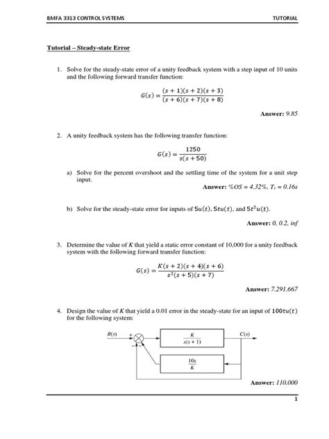 tutorial 7 steady state error pdf control system control theory