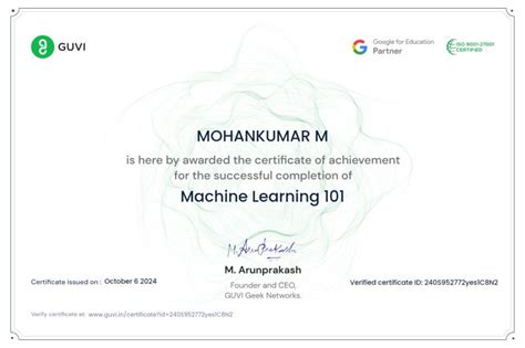 Machinelearning Ai Datascience Lifelonglearning Guvi Certification Ml Mohankumar