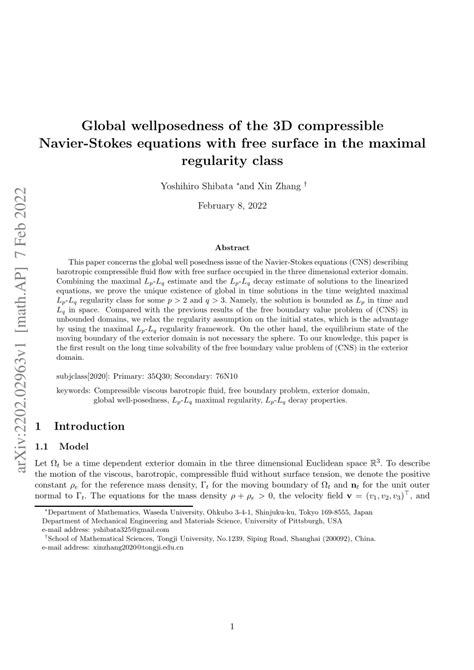 Pdf Global Wellposedness Of The 3d Compressible Navier Stokes Equations With Free Surface In