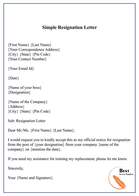 в љ Free Printable Simple Resignation Letter Template Bilarasa