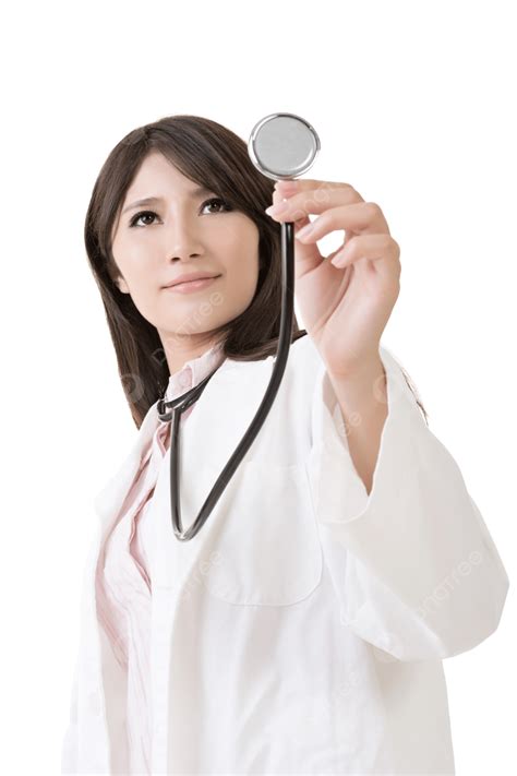 Young Asian Female Doctor Shows Stethoscope Intern Intern Medical