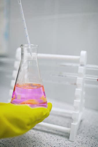 촉매의 참여와 실험실 유리 그릇에서 화학 반응의 과정 대학 및 학교에서 실험실 화학 수업 실시 Stem 주제에 대한 스톡 사진