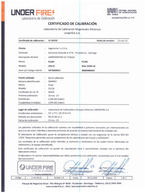 Certificado Calibracion Fluke 376 Lc 26150 Pdf