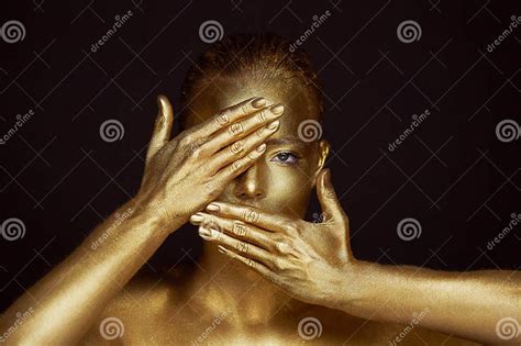 Portrait Unearthly Golden Girls Hands Near The Face Very Delicate And