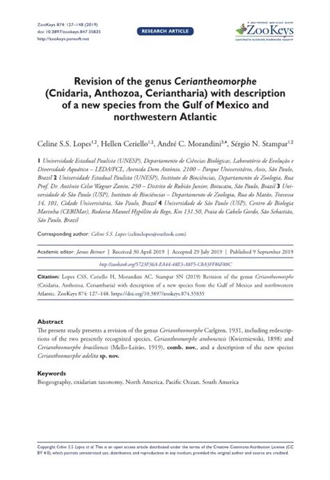 Revision Of The Genus Ceriantheomorphe Cnidaria Anthozoa
