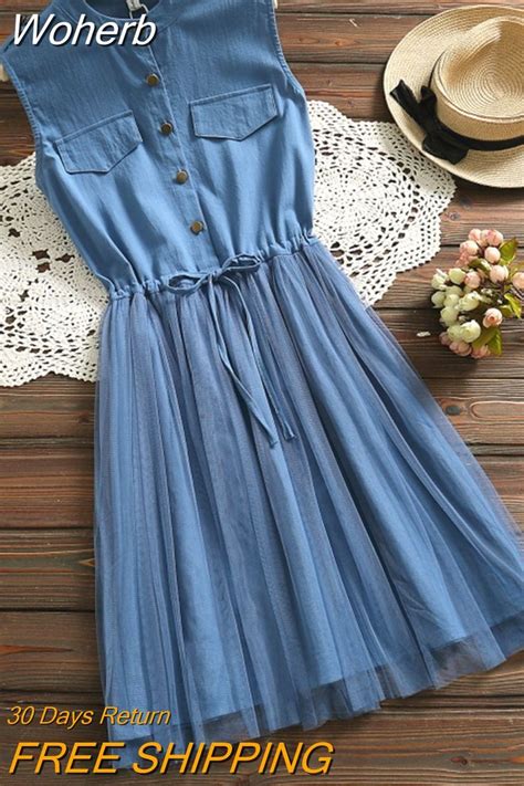 Woherb Waist Sleeveless Lace Blue Dresses Women Summer Dress 2023 New