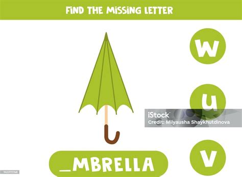 Find Missing Letter With Cartoon Umbrella Spelling Worksheet Stock