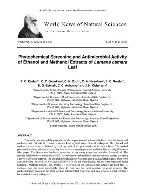Pdf Phytochemical Screening And Antimicrobial Activity Of Ethanol And