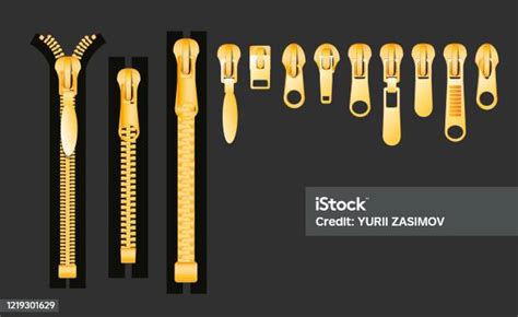 지퍼를 당깁니다 금속 지퍼와 패브릭 풀 천 걸쇠 및 의류 지퍼 섬유 지퍼 직물 지퍼 패스너 또는 의류 플라스틱 압축을 풀지 고립 된 3d 현실적인 개체 그룹에 대한 스톡