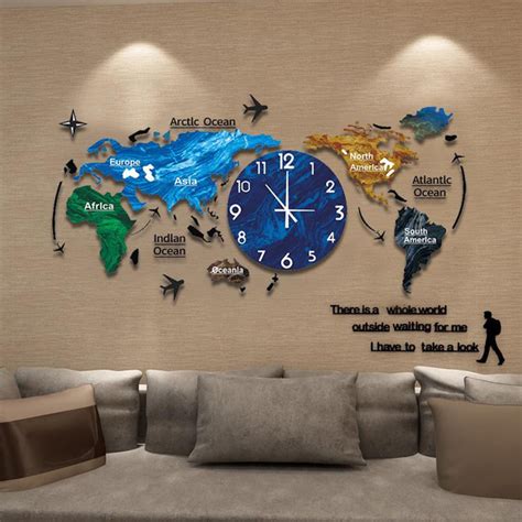 Fashion Unique Acrylic Wall Clock World Map 3d Diy Large Wall Hanging Clock With Stickers For