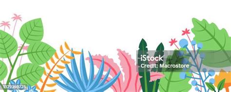 꽃 무늬 컨셉의 여름 자연 배경 나뭇잎과 꽃 요소가있는 수평 웹 배너 원예 추상 식물 테두리 웹 사이트에 대한 평면 디자인의 벡터 일러스트레이션 0명에 대한 스톡 벡터 아트